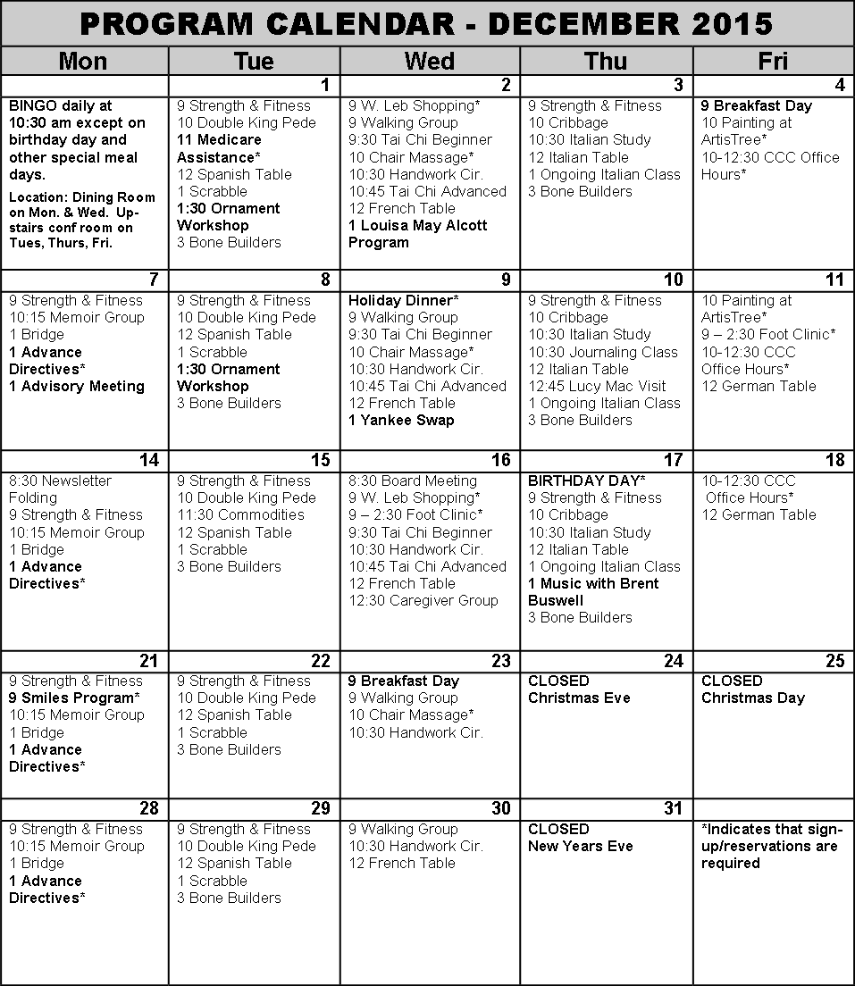 December Program Calendar