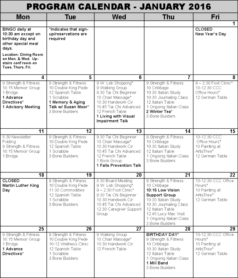 January Program Calendar
